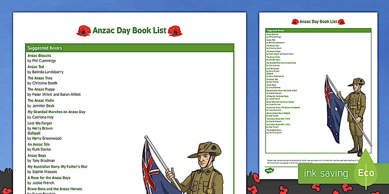 Anzac Day Story Books List (teacher made) - Twinkl