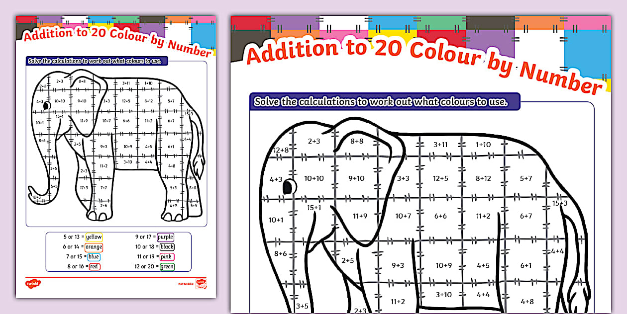 Colour by numbers addition to 20 | worksheet | easy to print
