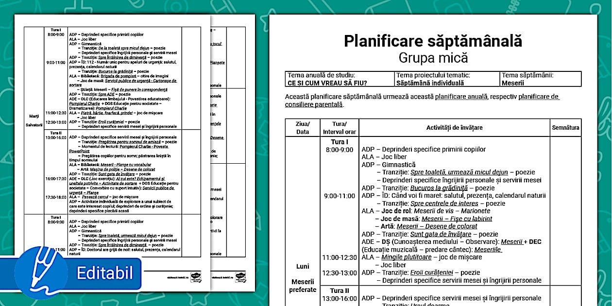 GRATUIT: Meserii – Model planificare săptămânală grupa mică