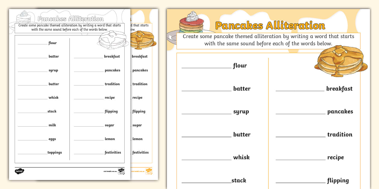 Pancakes: Alliteration Worksheet (teacher made) - Twinkl