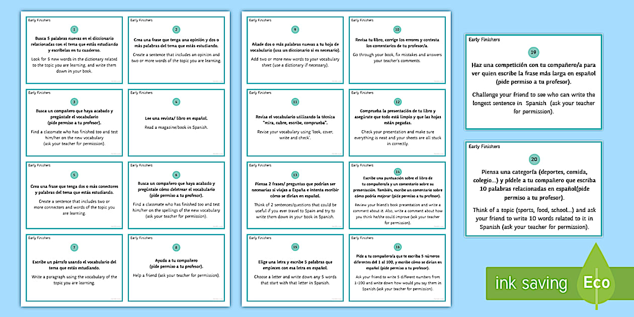 Early Finishers Challenge Cards Spanish (teacher made)