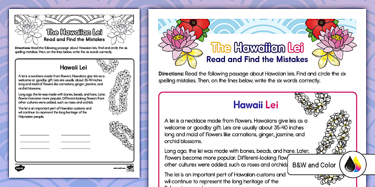 Hawaiian Lei Read and Find the Mistakes Worksheet for 1st-2nd Grade