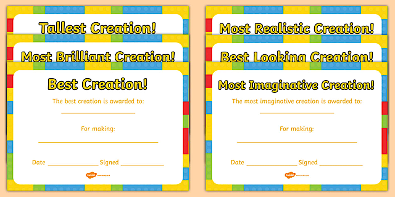 Editable Building Brick Creation Award Certificates - Twinkl