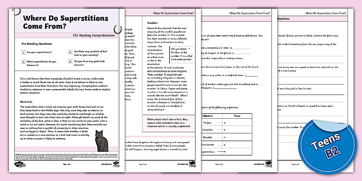 ESL Where Do Superstitions Come From? Reading on Twinkl