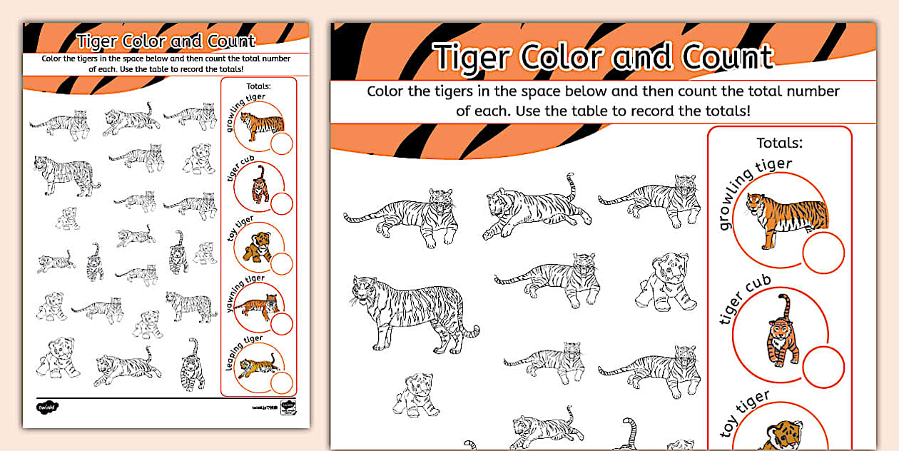 Tiger Color and Count Worksheet (Teacher-Made) - Twinkl