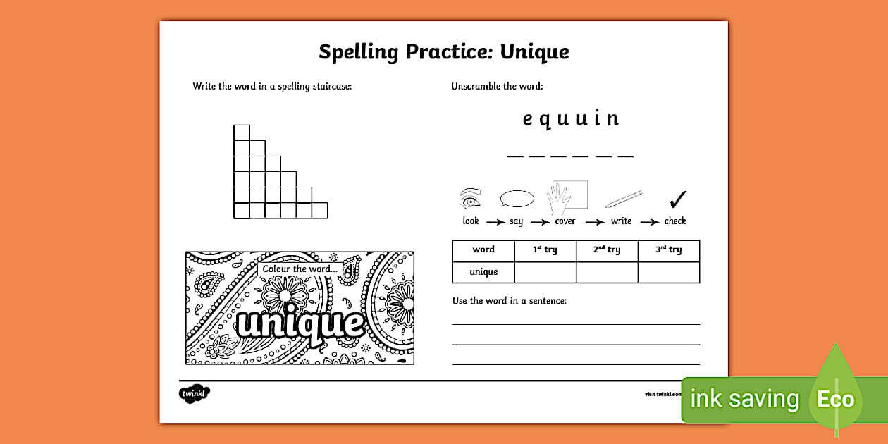 Unique Spelling Practice Worksheet (Teacher-Made) - Twinkl