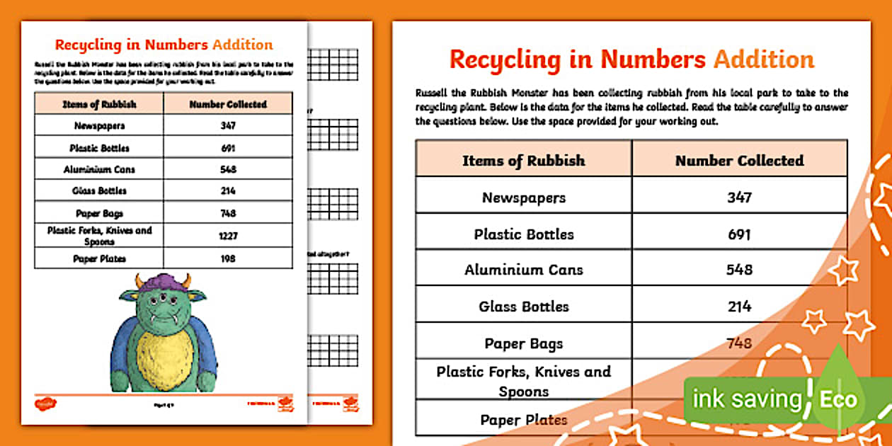 Black and White Recycling in Numbers: Addition Worksheet