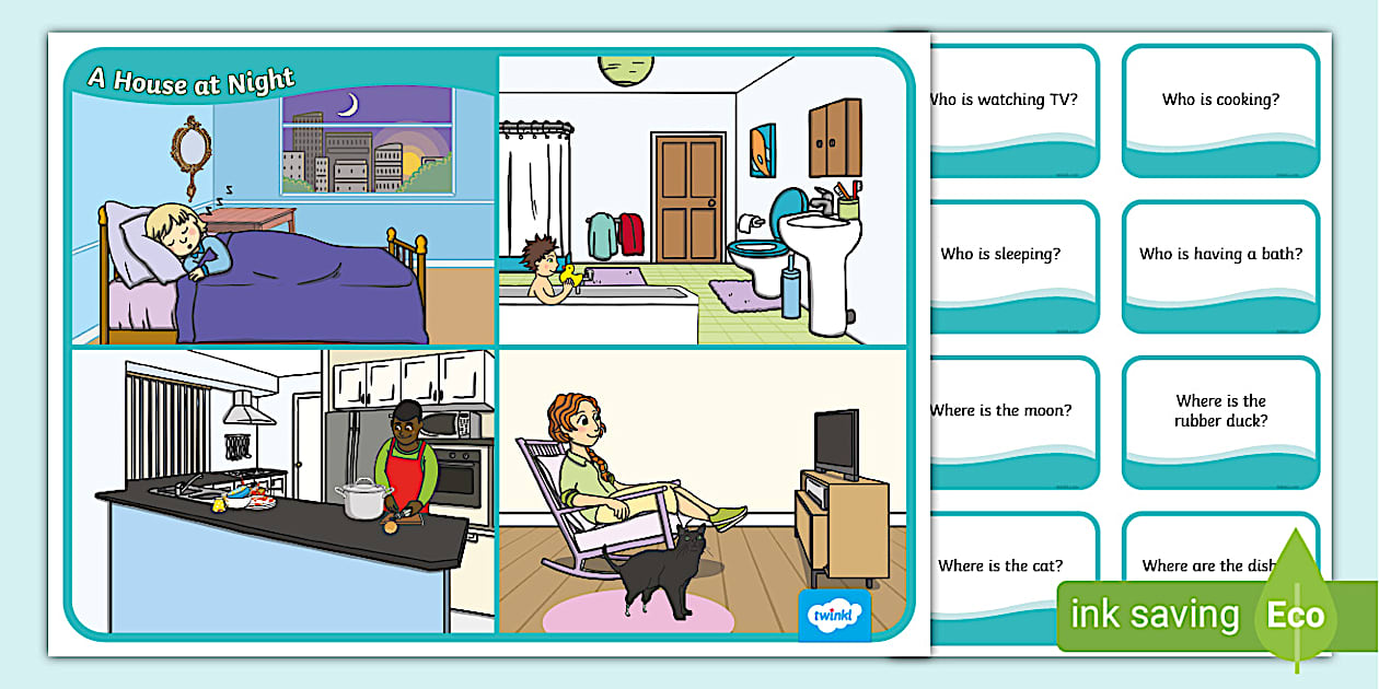 Picture Scenes and 'Wh' Questions Evening Scene - Twinkl