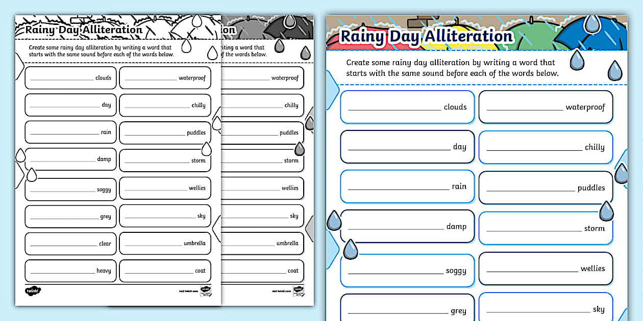 Rainy Day: Alliteration Worksheet
