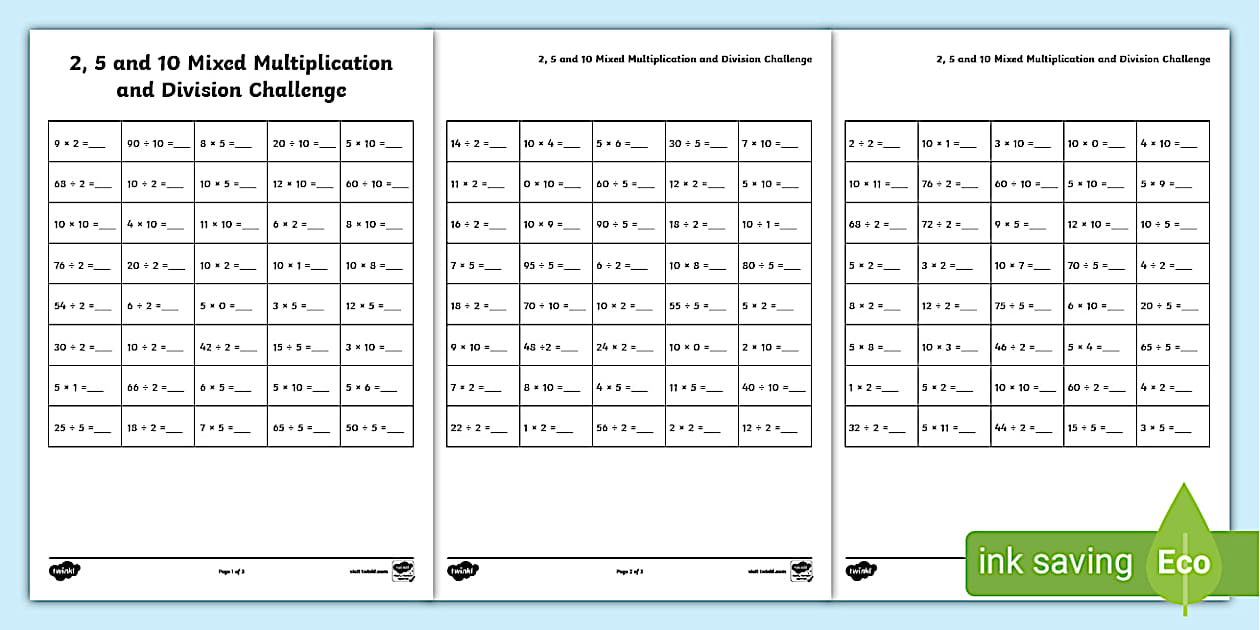 Editable 2, 5 and 10 Mixed Multiplication and Division Times Table ...