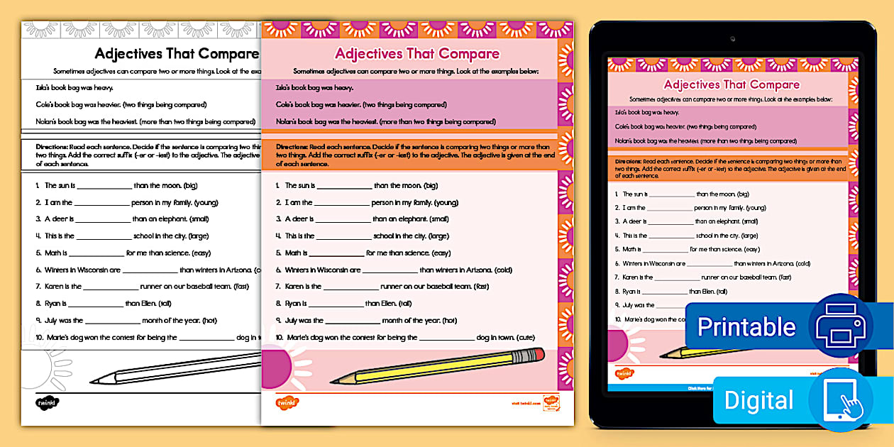 Adjectives That Compare Worksheet (teacher made) - Twinkl