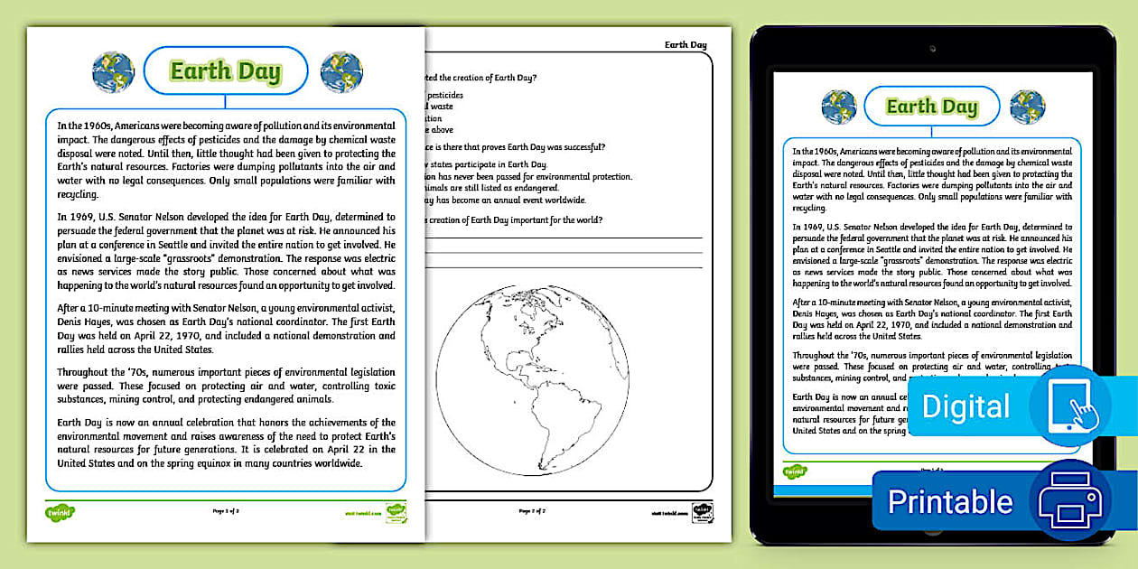 Eighth Grade Earth Day Reading Passage Comprehension Worksheet