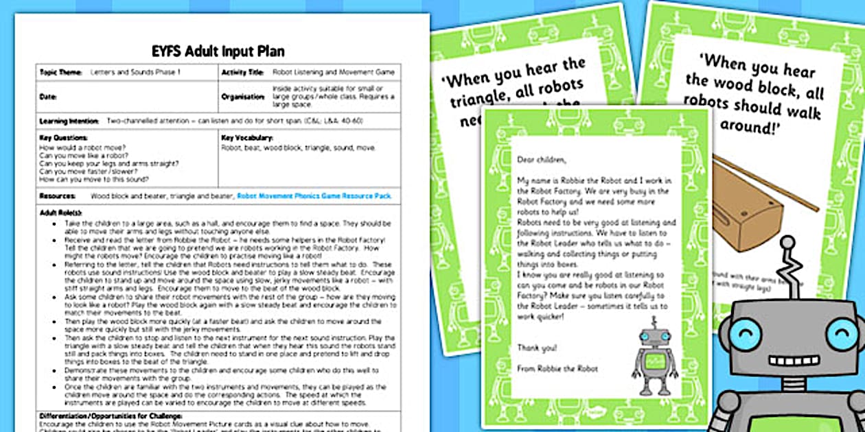 Black and White Robot Listening and Movement Game EYFS Adult Input Plan and