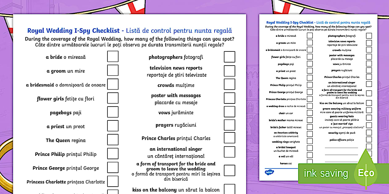 Royal Wedding I-Spy Checklist English/Romanian - Twinkl
