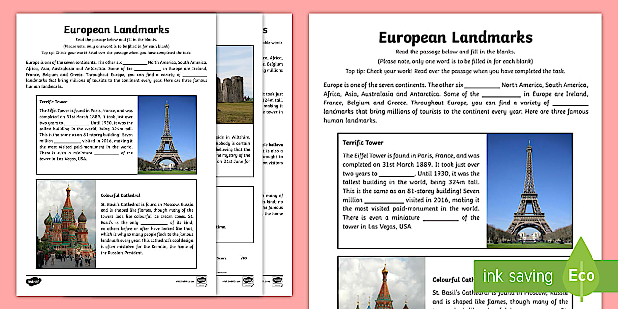 European Landmarks Worksheet | Cloze Activity | Twinkl