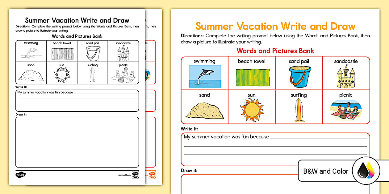 Kindergarten Summer Vacation Write and Draw Worksheet