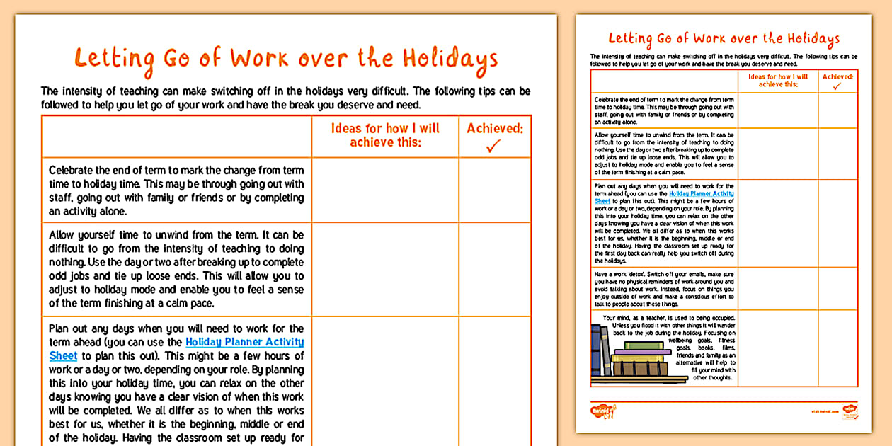 Staff Wellbeing Letting Go of Work over the Holidays Activity