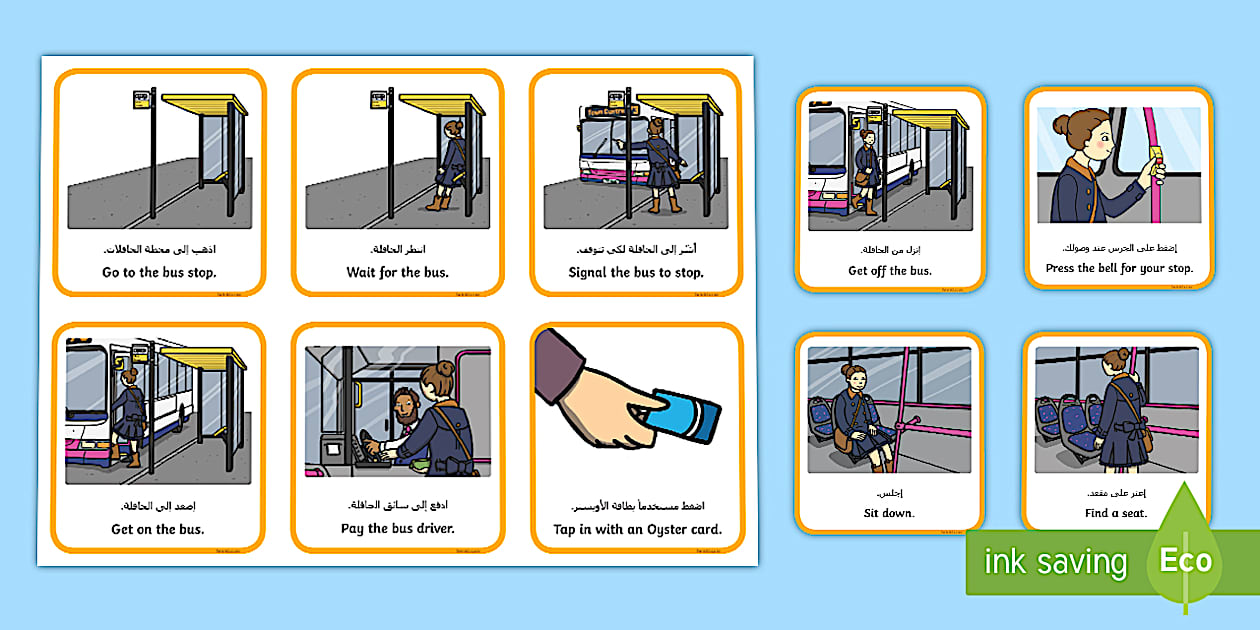 Catching a Bus Visual Support Picture Cards Arabic/English