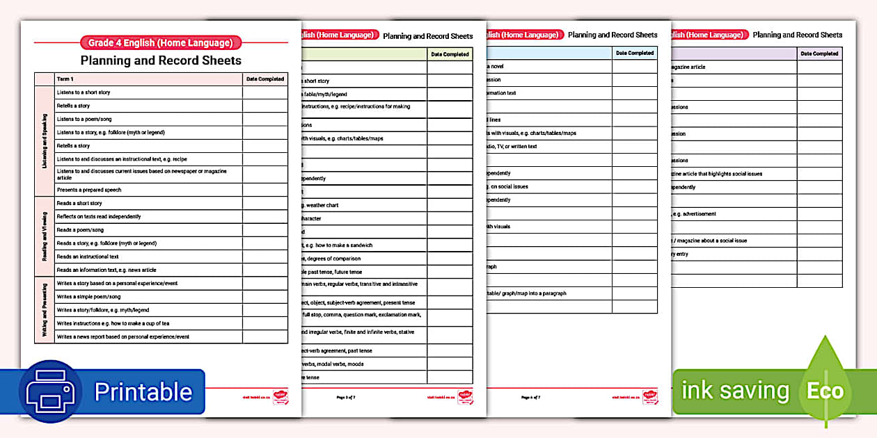 Grade 4 English - CAPS Document: Content Planner (CAPS Aligned)