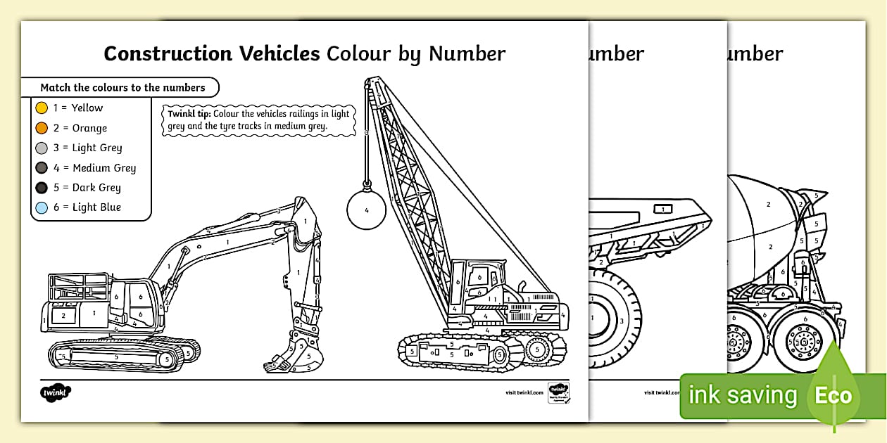 Construction Vehicles Colour-by-Number Worksheet | Twinkl
