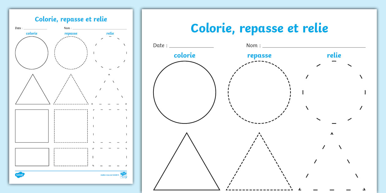 Colorie, repasse et relie les points des formes planes
