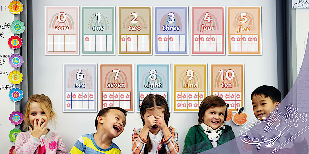 Numbers 0-10 Ten-Frames Muted Rainbow-Themed Posters Pack