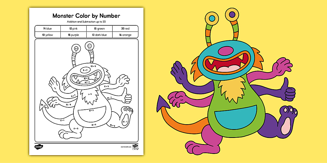 Monsters Addition and Subtraction to 20 Color by Number Activity