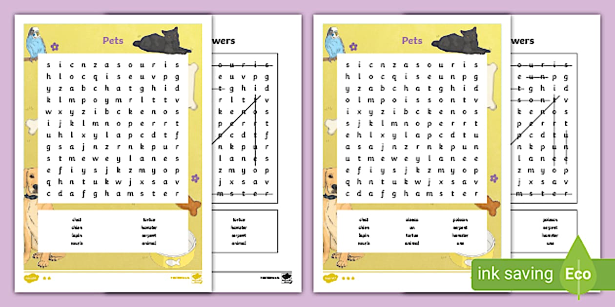 Black and White French Pets Word Search - Twinkl