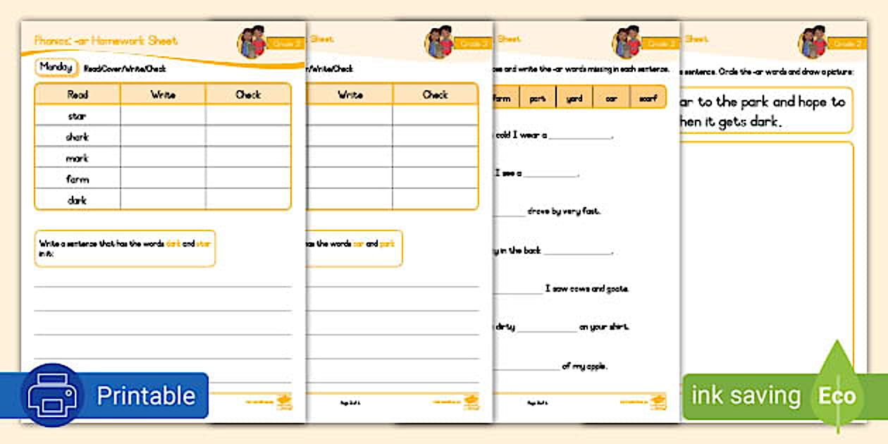 Grade 2 Phonics: -ar Homework Sheet (teacher made) - Twinkl