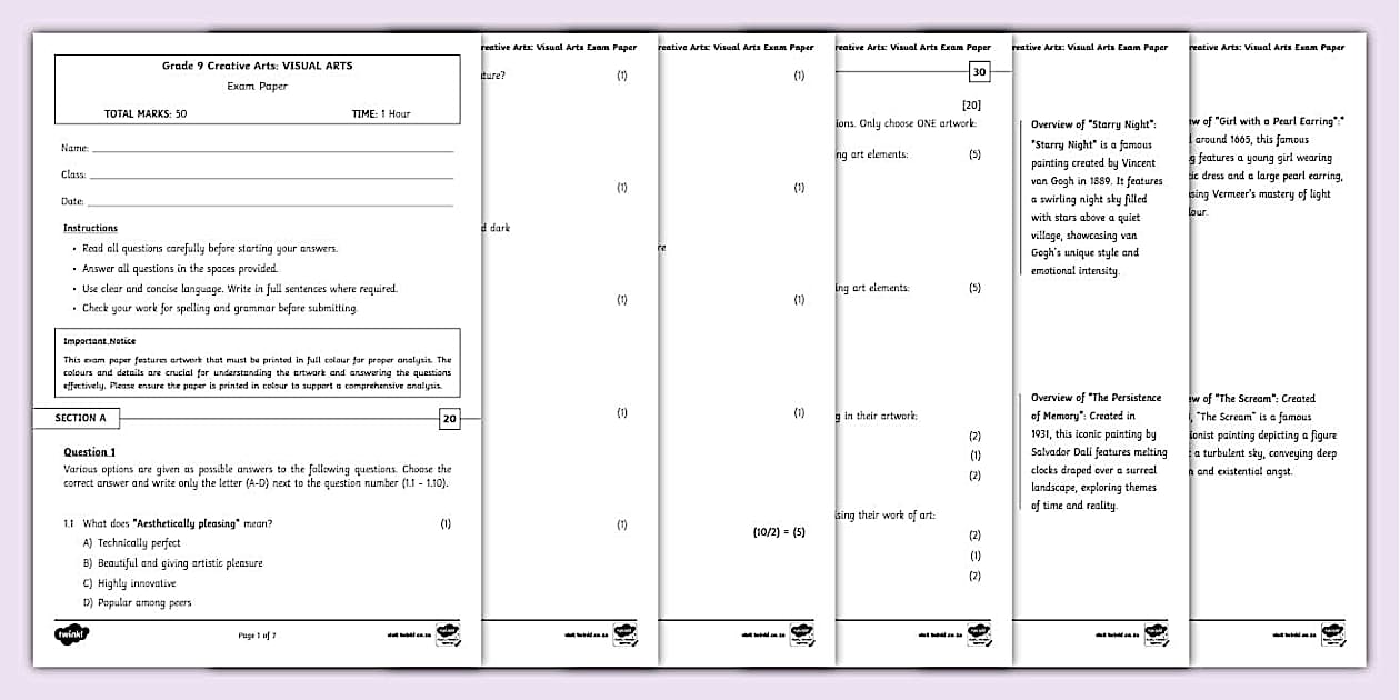 Grade 9 Creative Arts: Visual Arts Year-end Exam - Twinkl