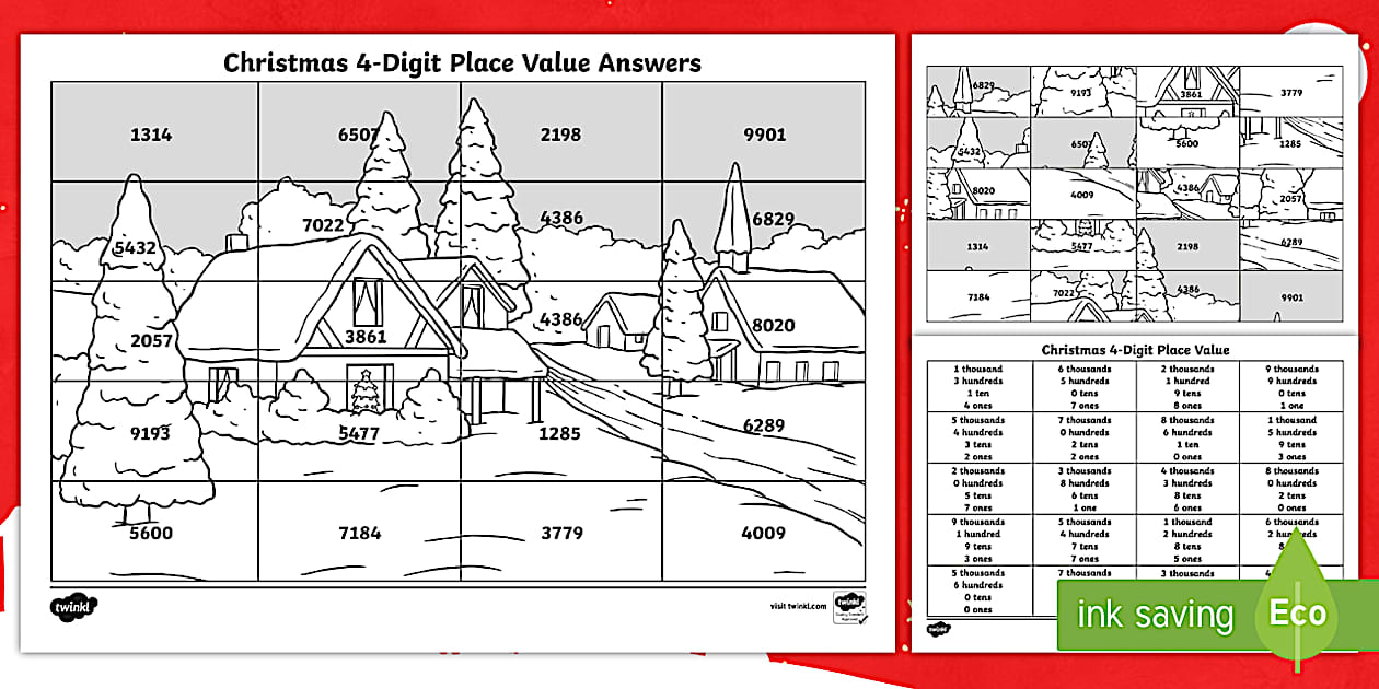 Christmas-Themed 4-Digit Place Value Colouring Assessment Sheet