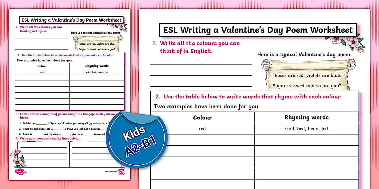 ESL Writing a Valentine's Day Poem Worksheet - Twinkl