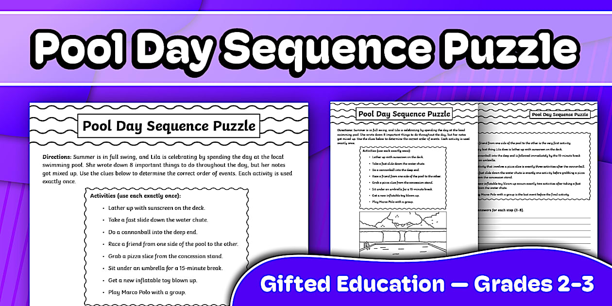 Pool Day Sequence Puzzle for Gifted Education