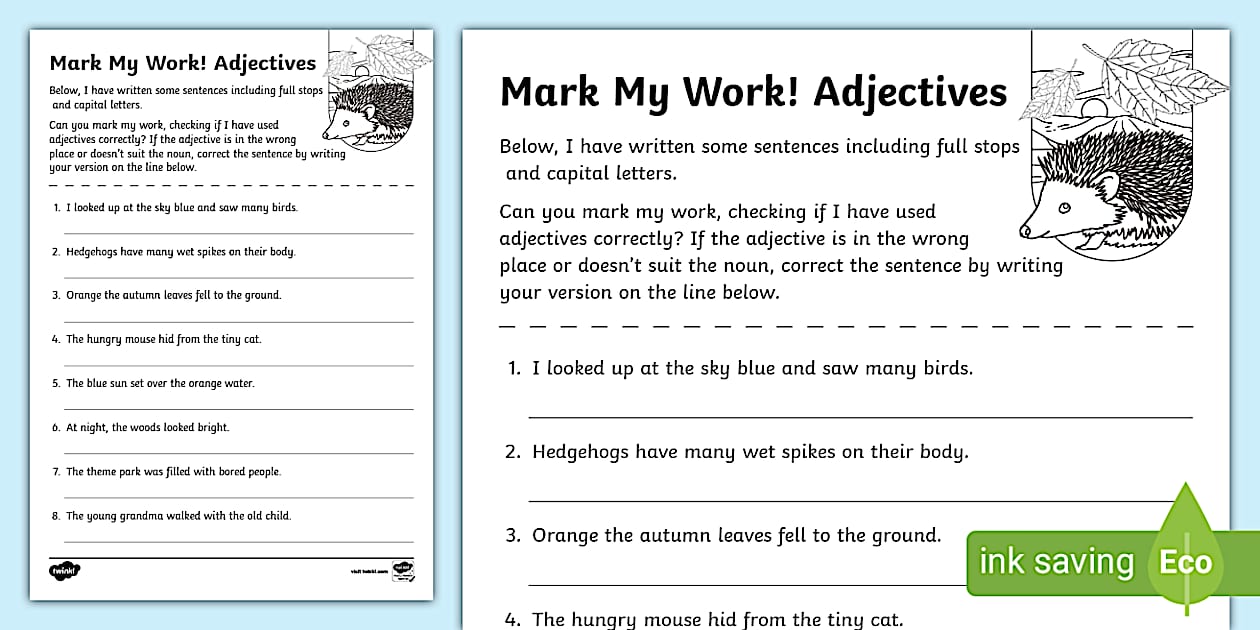 Mark My Work! Adjectives Worksheet (Teacher-Made) - Twinkl