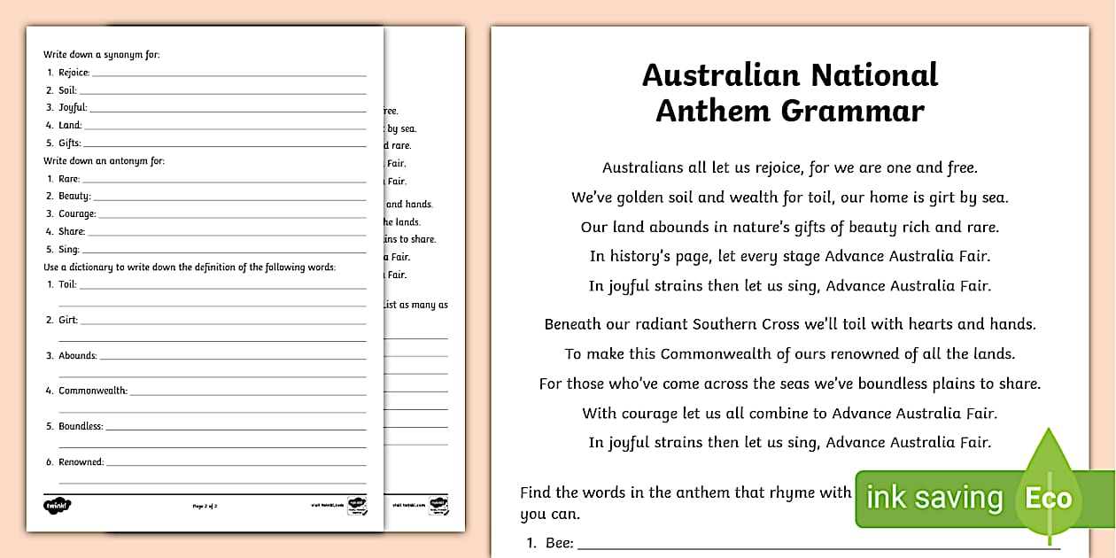 QLD Australian National Anthem grammar Worksheet - Twinkl