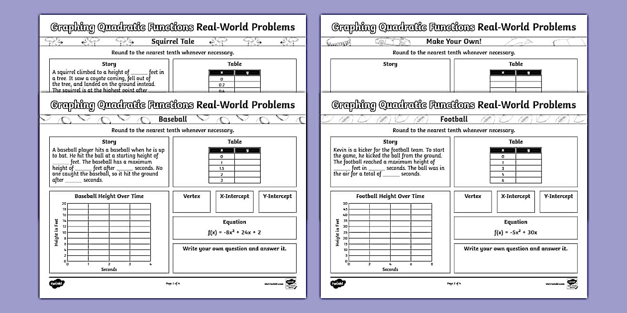 Graphing Quadratic Functions Worksheet | Twinkl USA - Twinkl