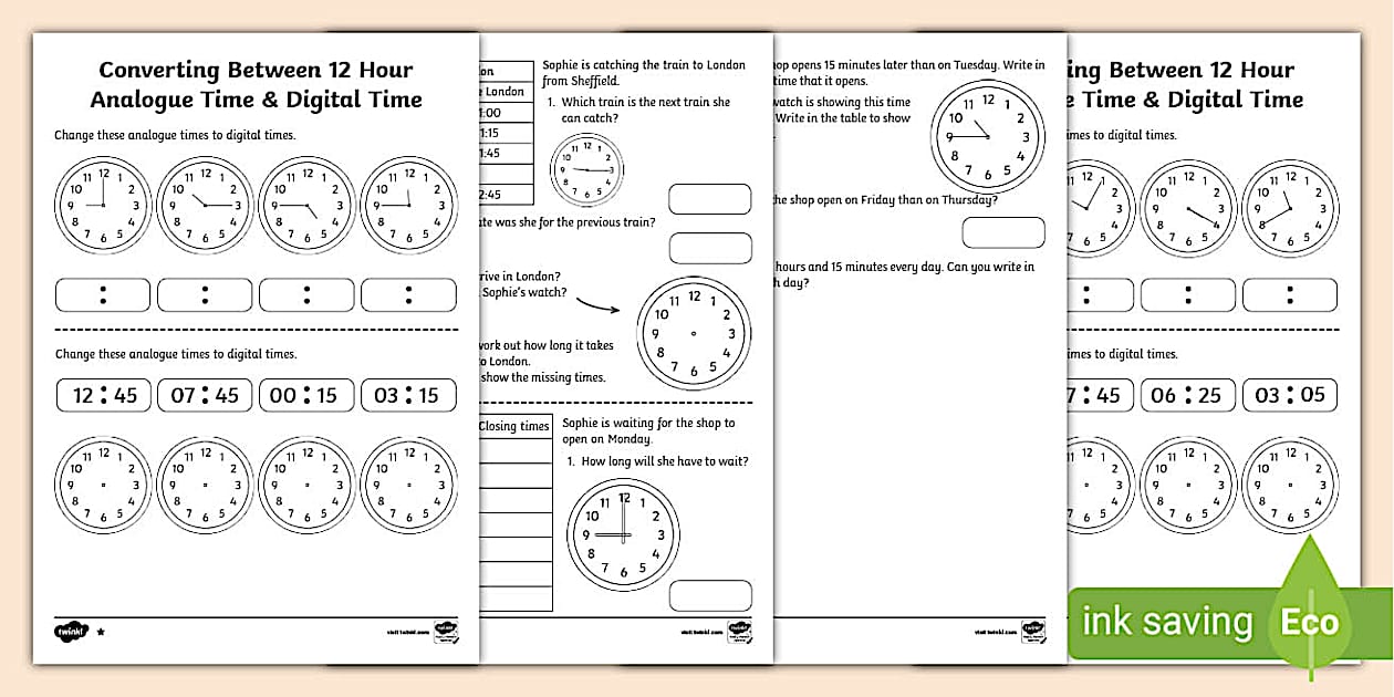 Converting Between 12 Hour Analogue Time & Digital Time Worksheet