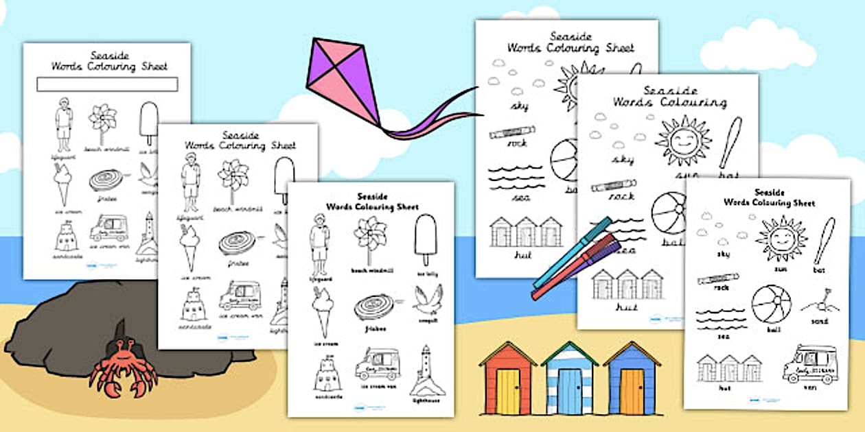 Editable Seaside Themed Differentiated Word Colouring Worksheet