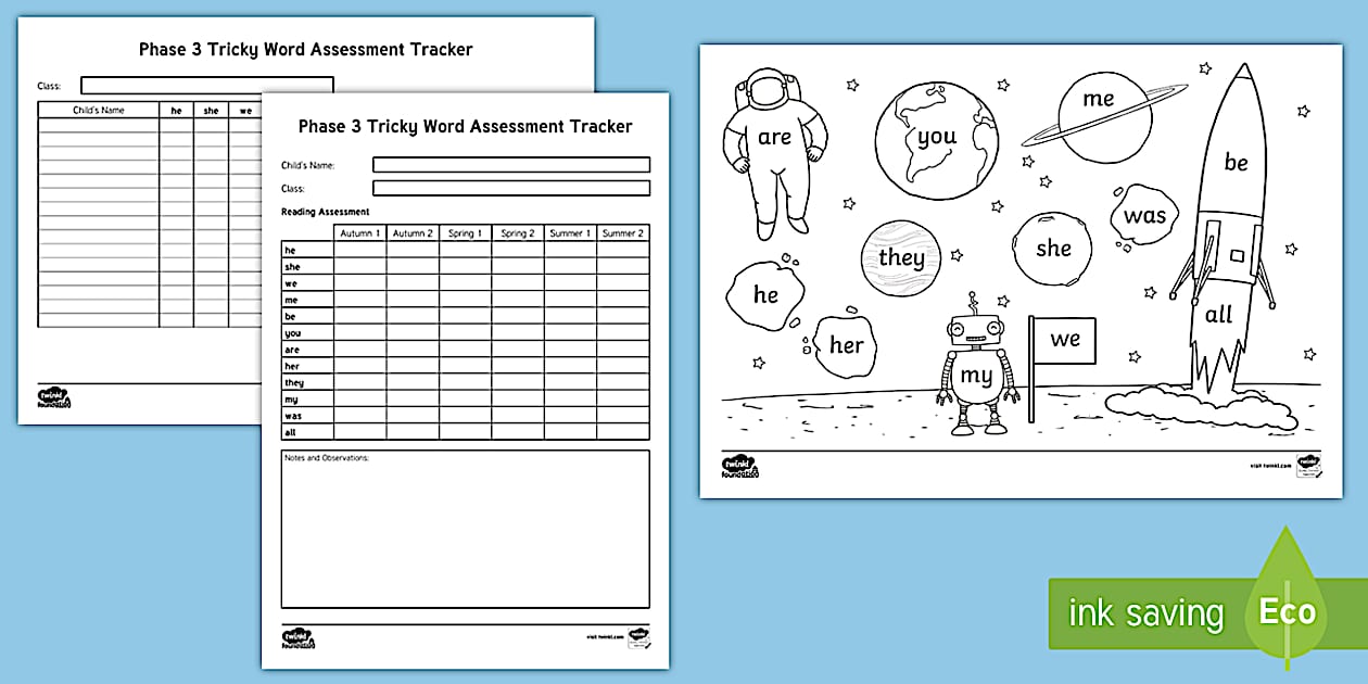 Phase 3 Space Alien Tricky Word Colouring Sheet Assessment Pack