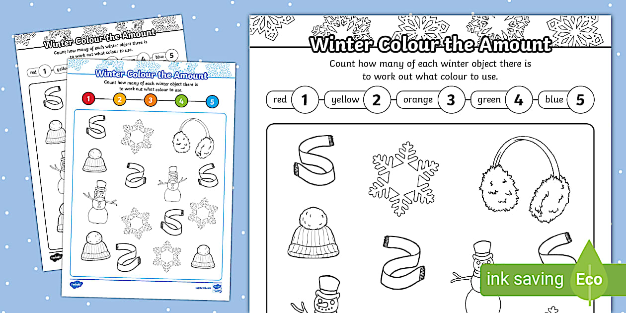 👉 Winter Colour the Amount Worksheet (teacher made)