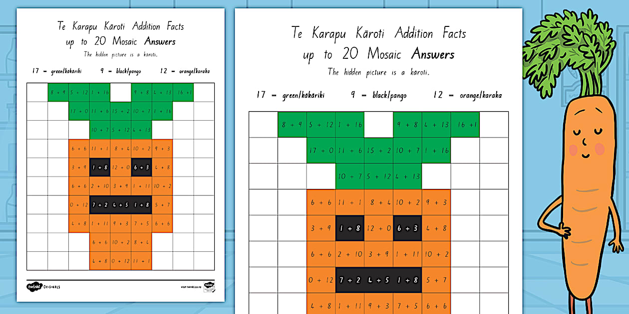Carrot Club/Karapu Kāroti Addition Facts up to 20 Mosaic Worksheets