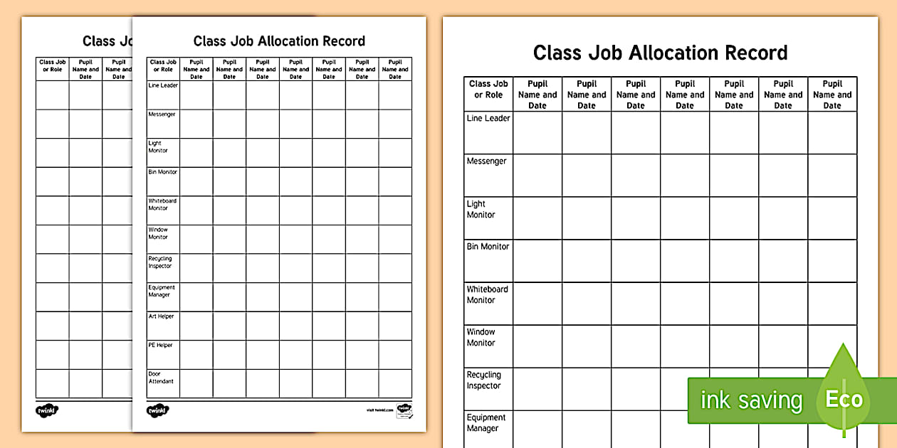 Editable Classroom Job and Role Allocation Planning Template