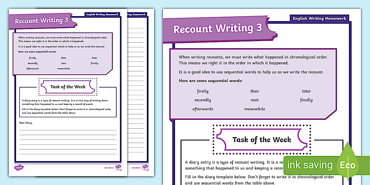 Writing Homework Recount 3 3rd/4th Class (teacher made)