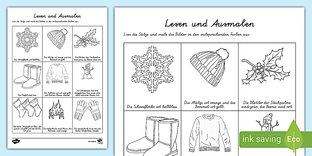 Winterbilder Lesen und Ausmalen Arbeitsblatt - Twinkl