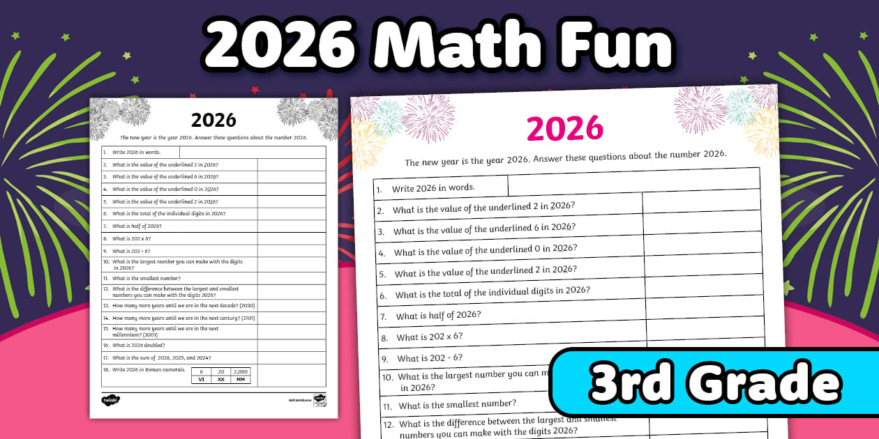 Third Grade New Year 2026 Math Fun Worksheet