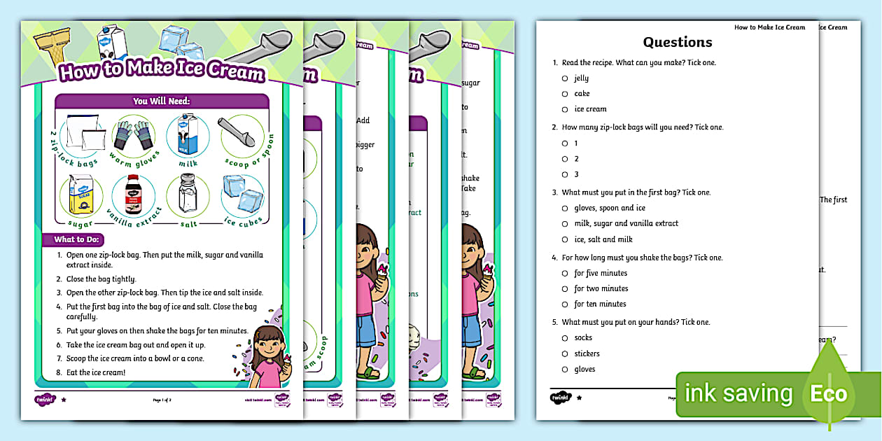How to Make Ice Cream Reading Comprehension – KS1 - Twinkl