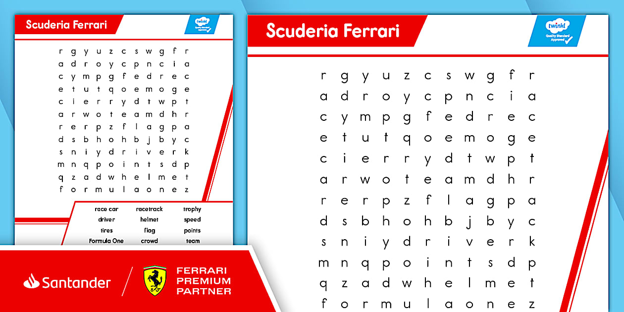 FREE! - Scuderia Ferrari F1: Word Search for K-2nd Grade