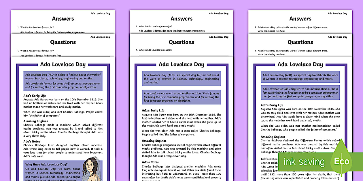 Ada Lovelace Day F-2 Differentiated Reading Comprehension Activity