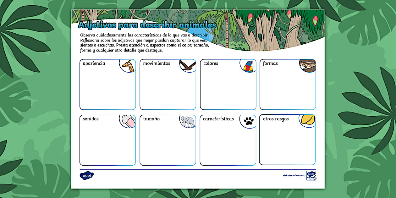 Hoja de actividad: Adjetivos - Los animales - Twinkl