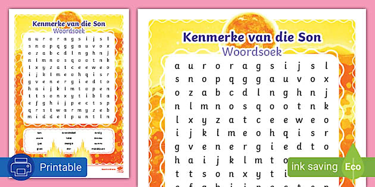 Kenmerke van die Son - Woordsoek (teacher made) - Twinkl